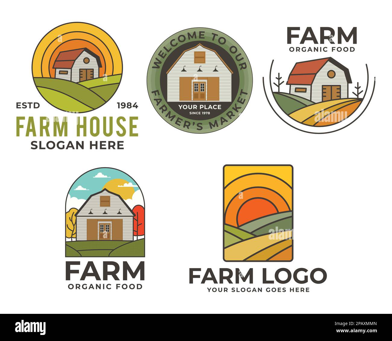 Farm Logos vector templates set with barn and farmer landscape. Locally ...