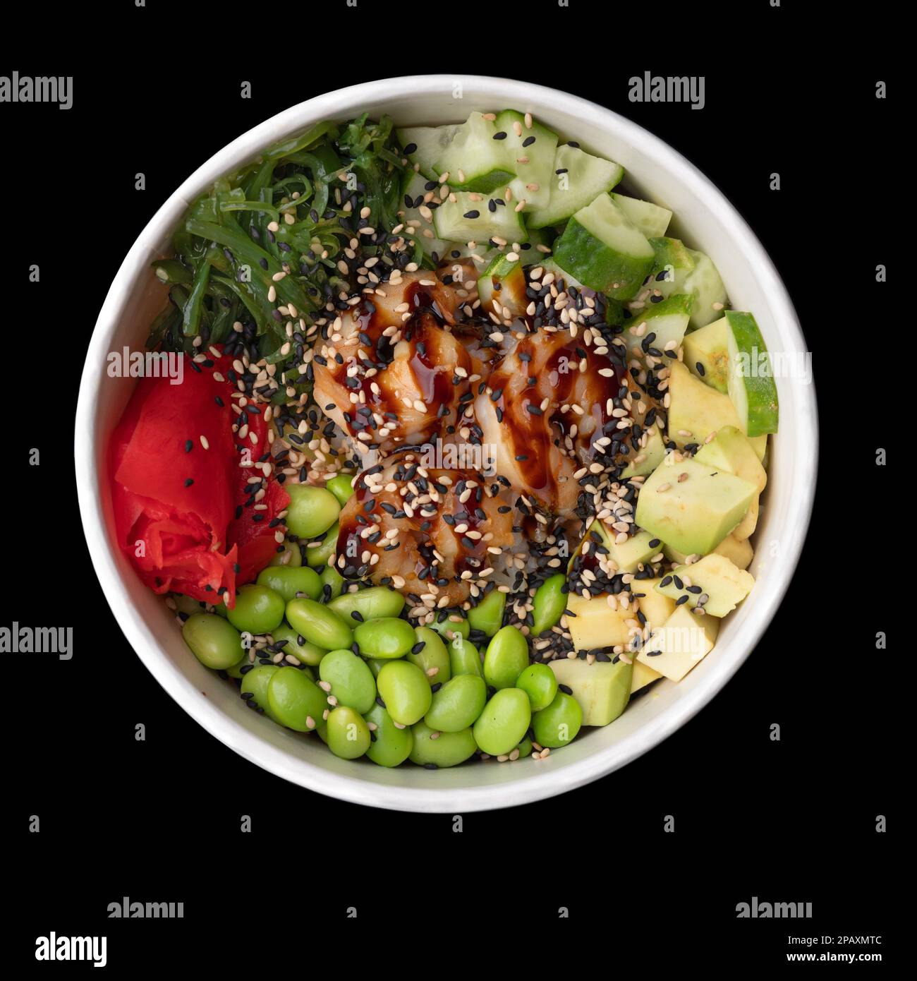 Poke bowl with shrimps in takeout bowls for different dieting habits ...