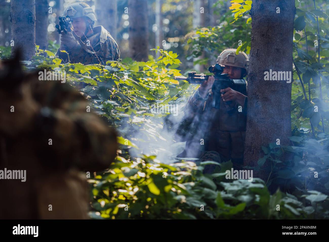 A group of modern warfare soldiers is fighting a war in dangerous ...