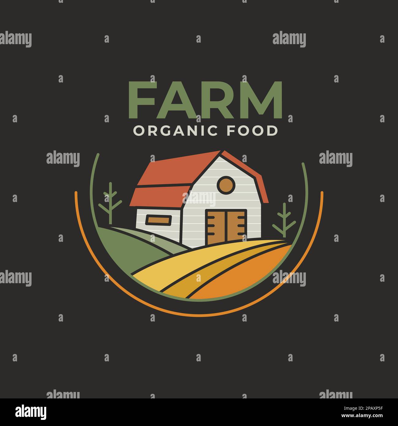 Farm Logo vector template with barn and farmer landscape. Locally grown ...