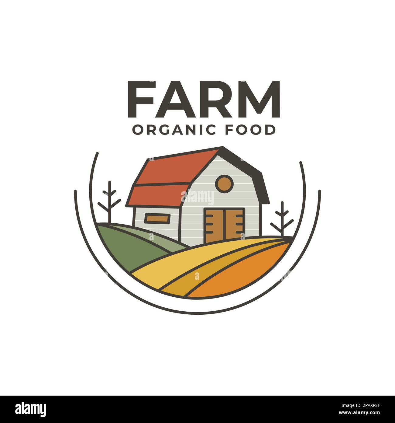 Farm Logo vector template with barn and farmer landscape. Locally grown ...