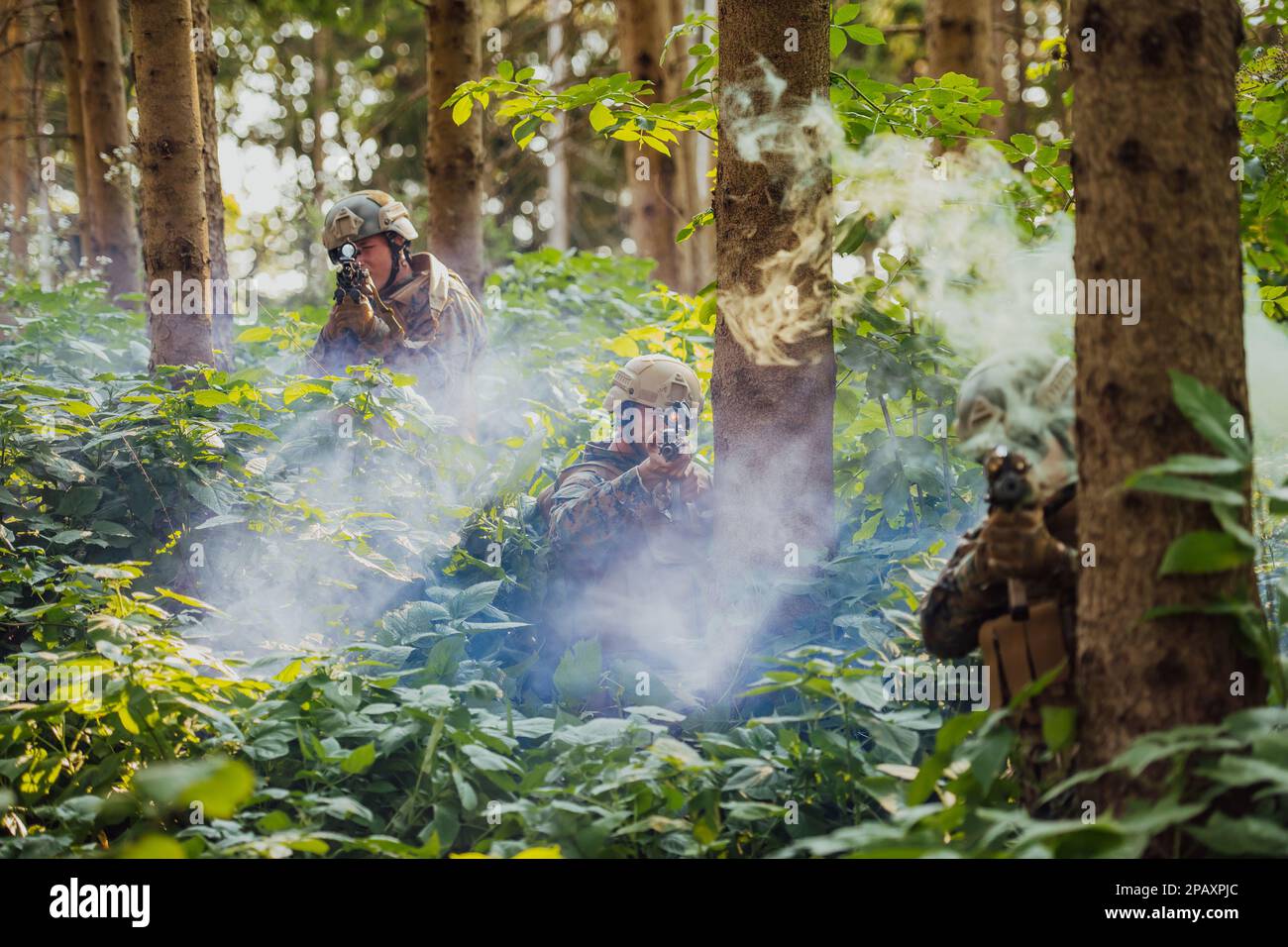 A group of modern warfare soldiers is fighting a war in dangerous ...