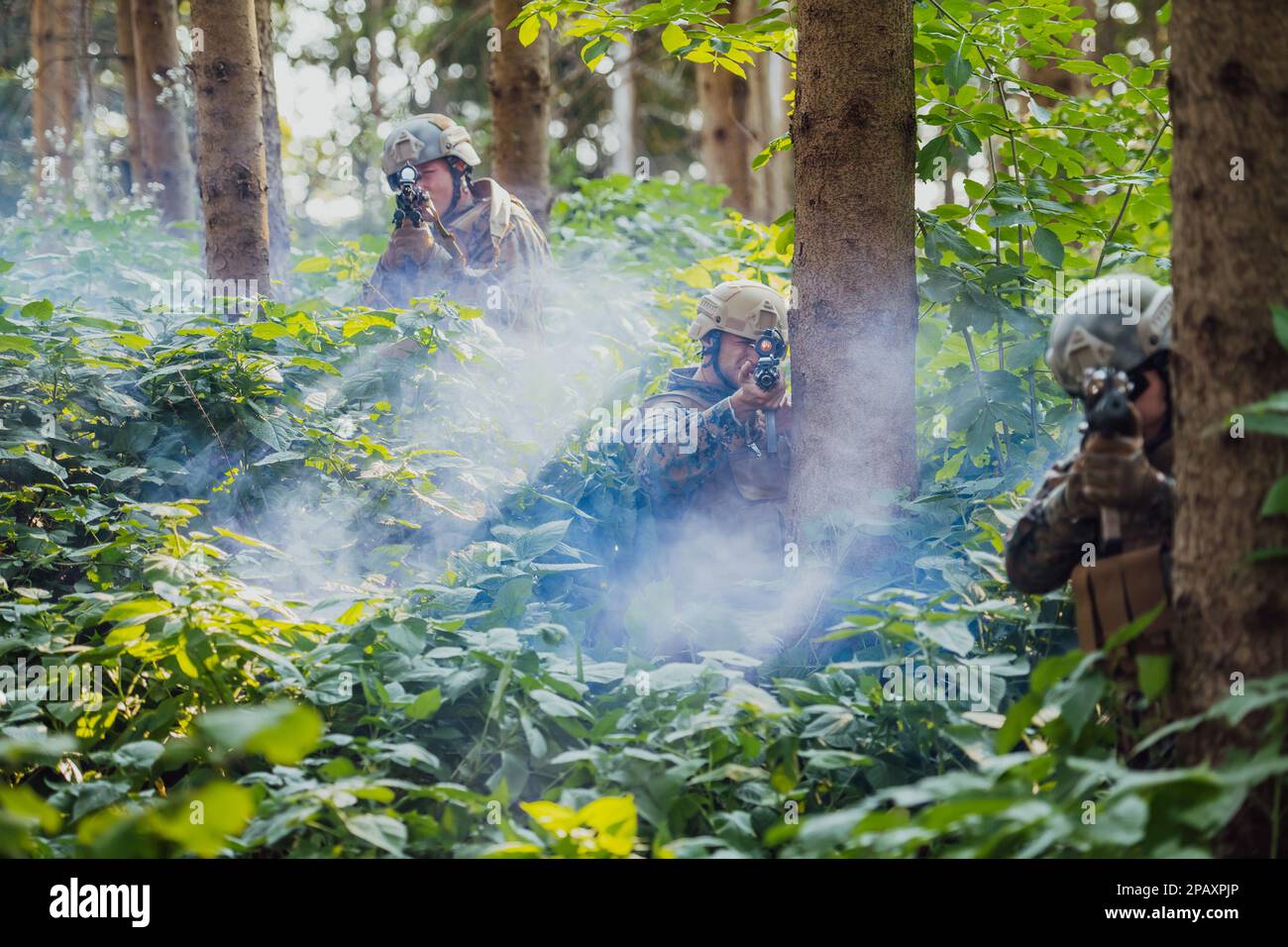 A group of modern warfare soldiers is fighting a war in dangerous ...