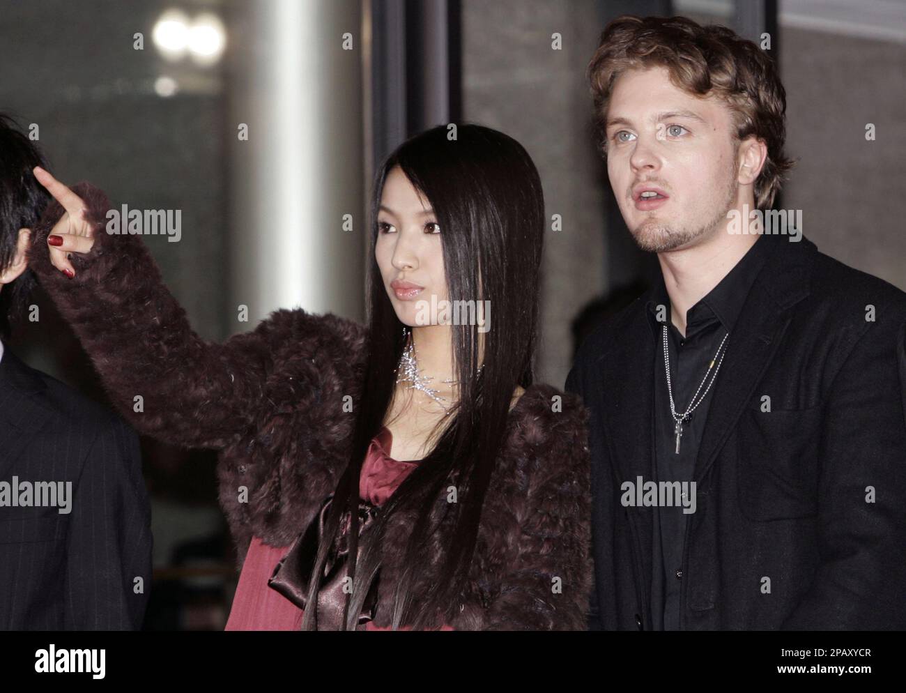 Japan's actress Sei Ashina, left, and American actor Michael Pitt look ...