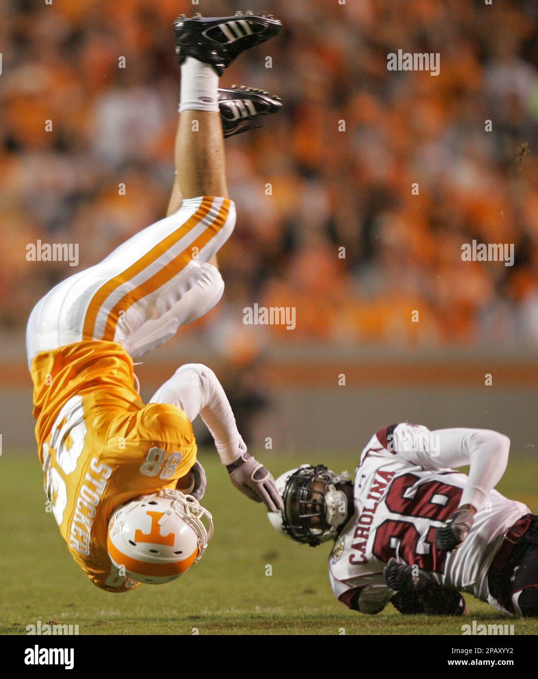 Tennessee tight end Luke Stocker (88) is upended by South Carolina's ...