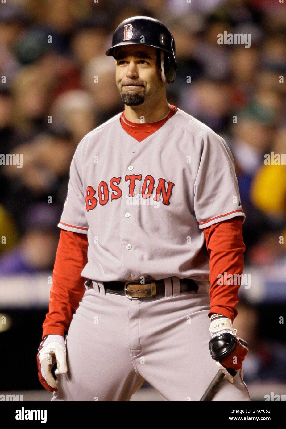 Boston Red Sox's Mike Lowell reacts after a strike call against ...