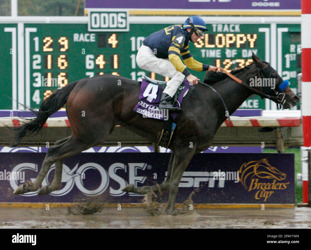 Indian Blessing, ridden by Garrett Gomez, crosses the finish line on a ...