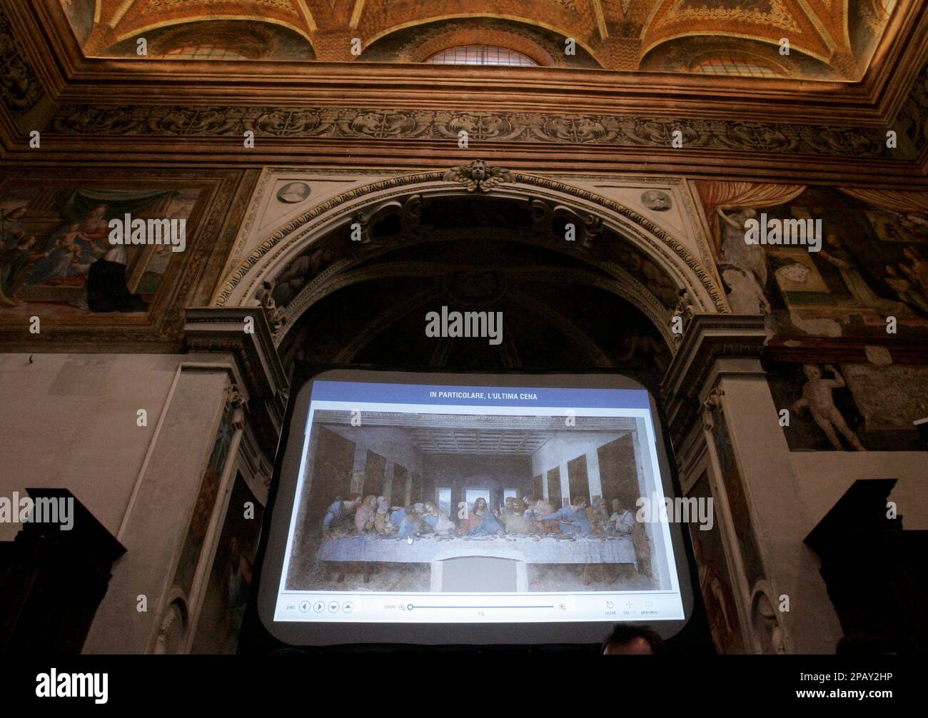 Leonardo Da Vinci's masterpiece "The Last Supper" is shown on a giant ...