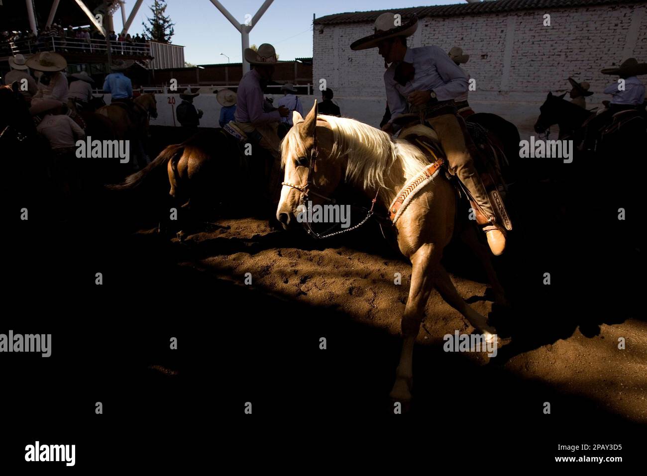 Mexican "charros" warm up before competing at the National Charro ...