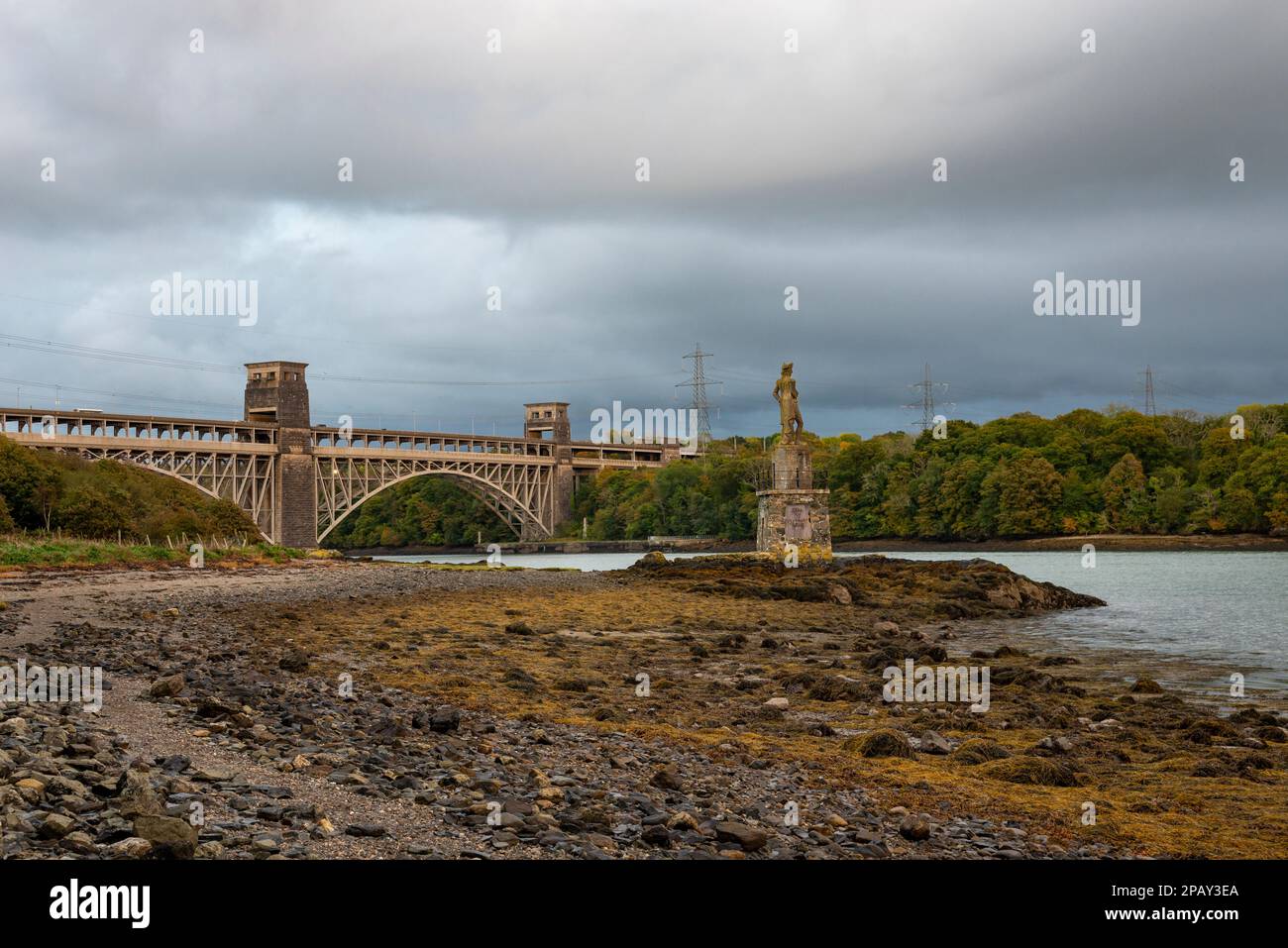 The Britannia Bridge and Lord Nelson statue on the Menai Strait ...