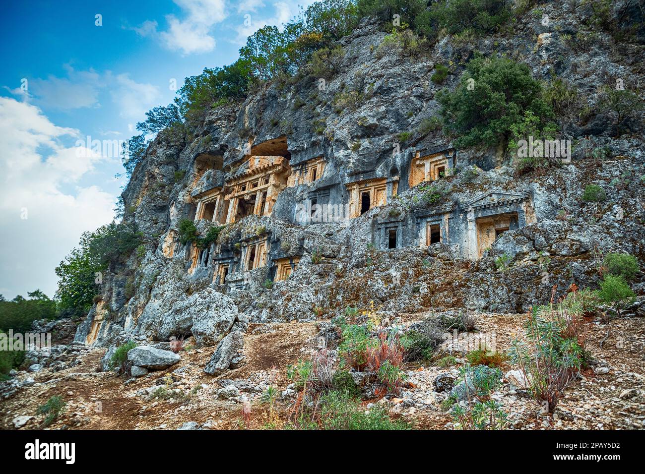 Rock tombs of Pinara ancient city in Lycia, Antalya, Turkey Stock Photo ...
