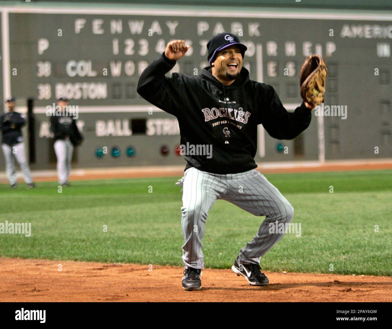 Colorado Rockies catcher Yorvit Torrealba warms up before Game 2 of the ...