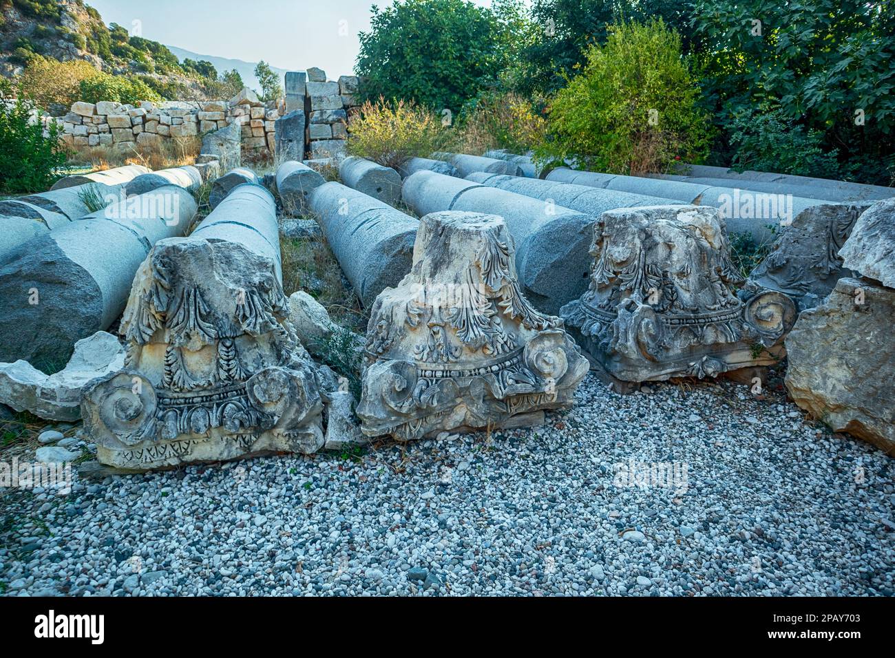 Ruins of the ancient city of Myra in Demre, Turkey. Ancient tombs and amphitheater Stock Photo ...