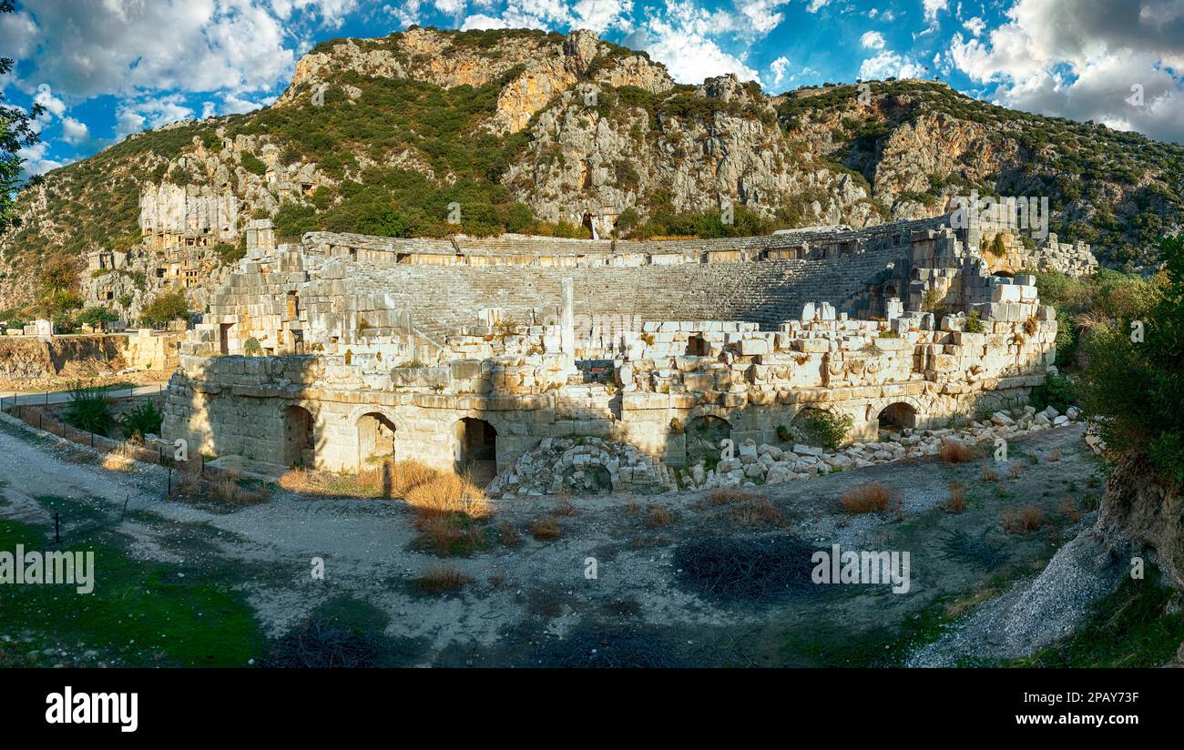 Ruins of the ancient city of Myra in Demre, Turkey. Ancient tombs and amphitheater Stock Photo ...