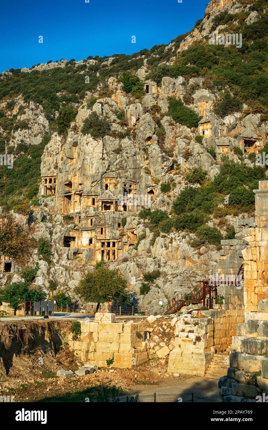 Ruins of the ancient city of Myra in Demre, Turkey. Ancient tombs and amphitheater Stock Photo ...