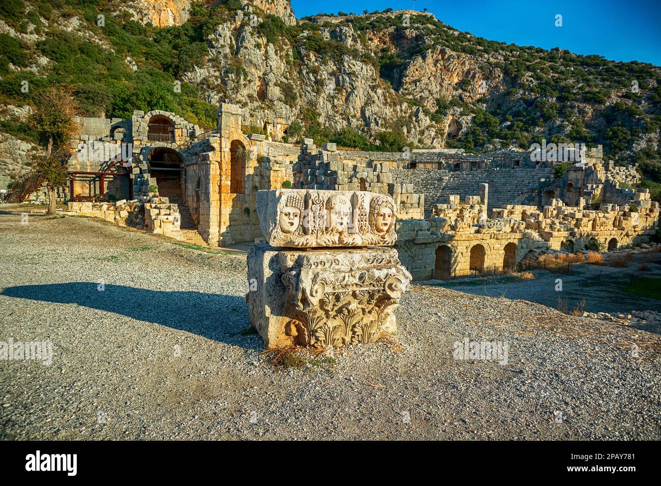 Ruins of the ancient city of Myra in Demre, Turkey. Ancient tombs and amphitheater Stock Photo ...