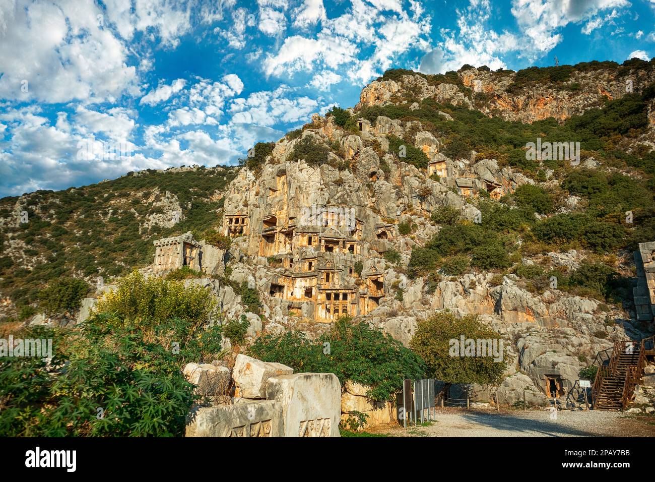 Ruins of the ancient city of Myra in Demre, Turkey. Ancient tombs and amphitheater Stock Photo ...