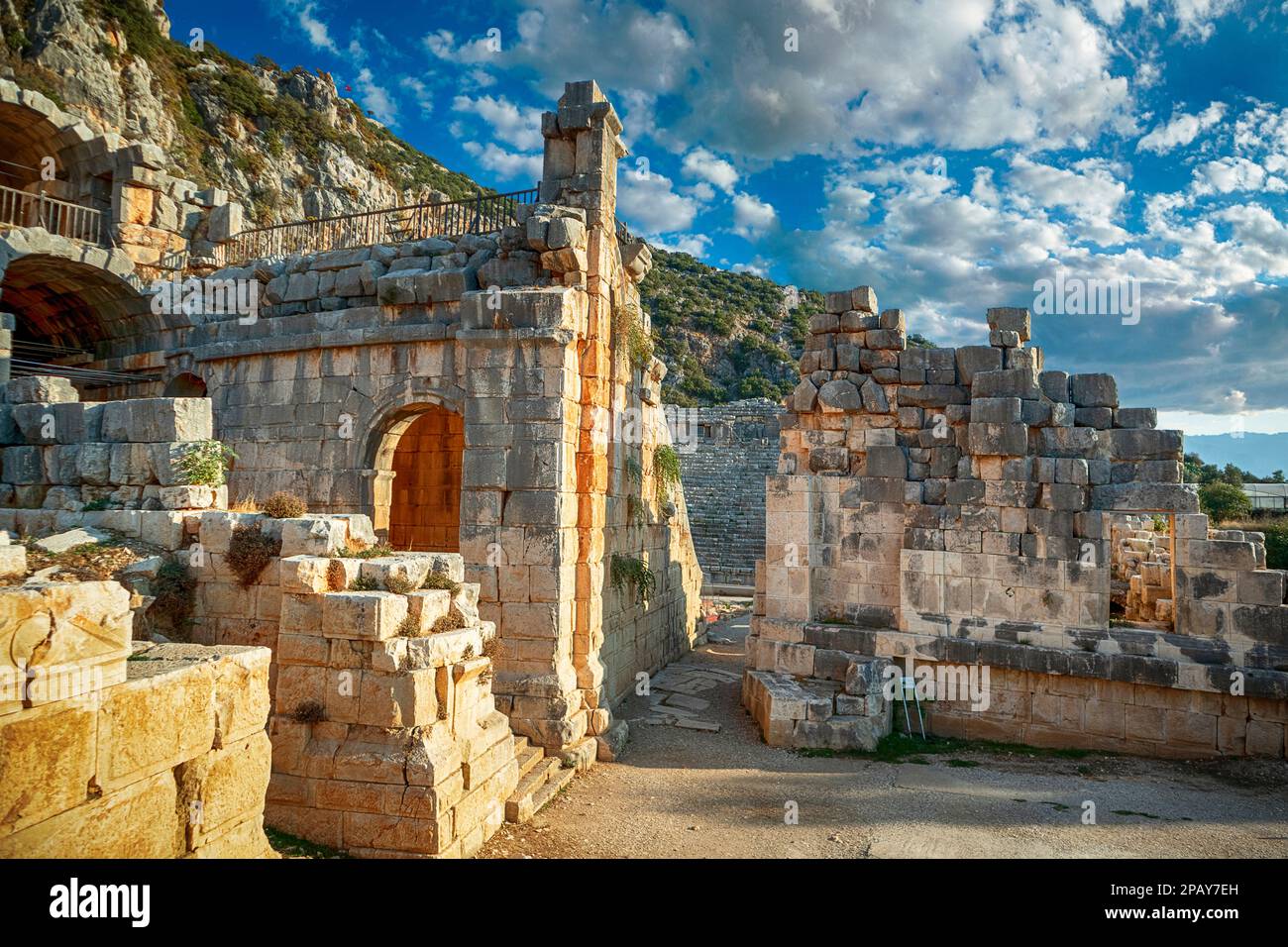 Ruins of the ancient city of Myra in Demre, Turkey. Ancient tombs and amphitheater Stock Photo ...