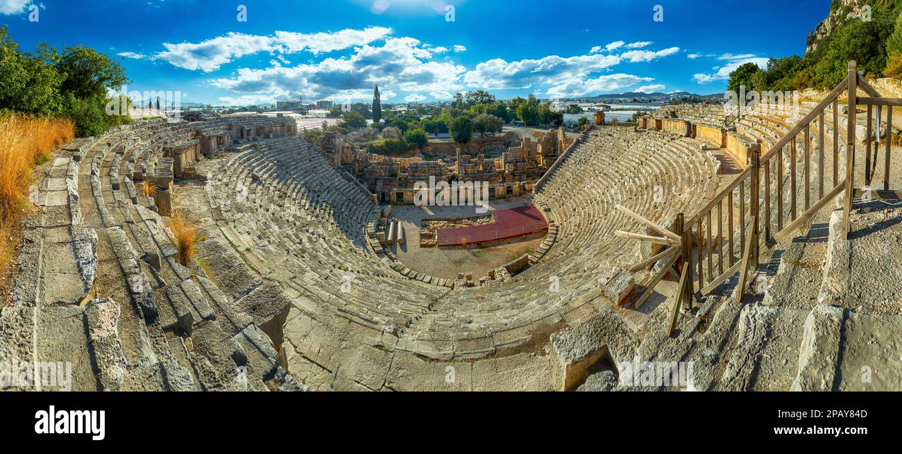 Ruins of the ancient city of Myra in Demre, Turkey. Ancient tombs and amphitheater Stock Photo ...