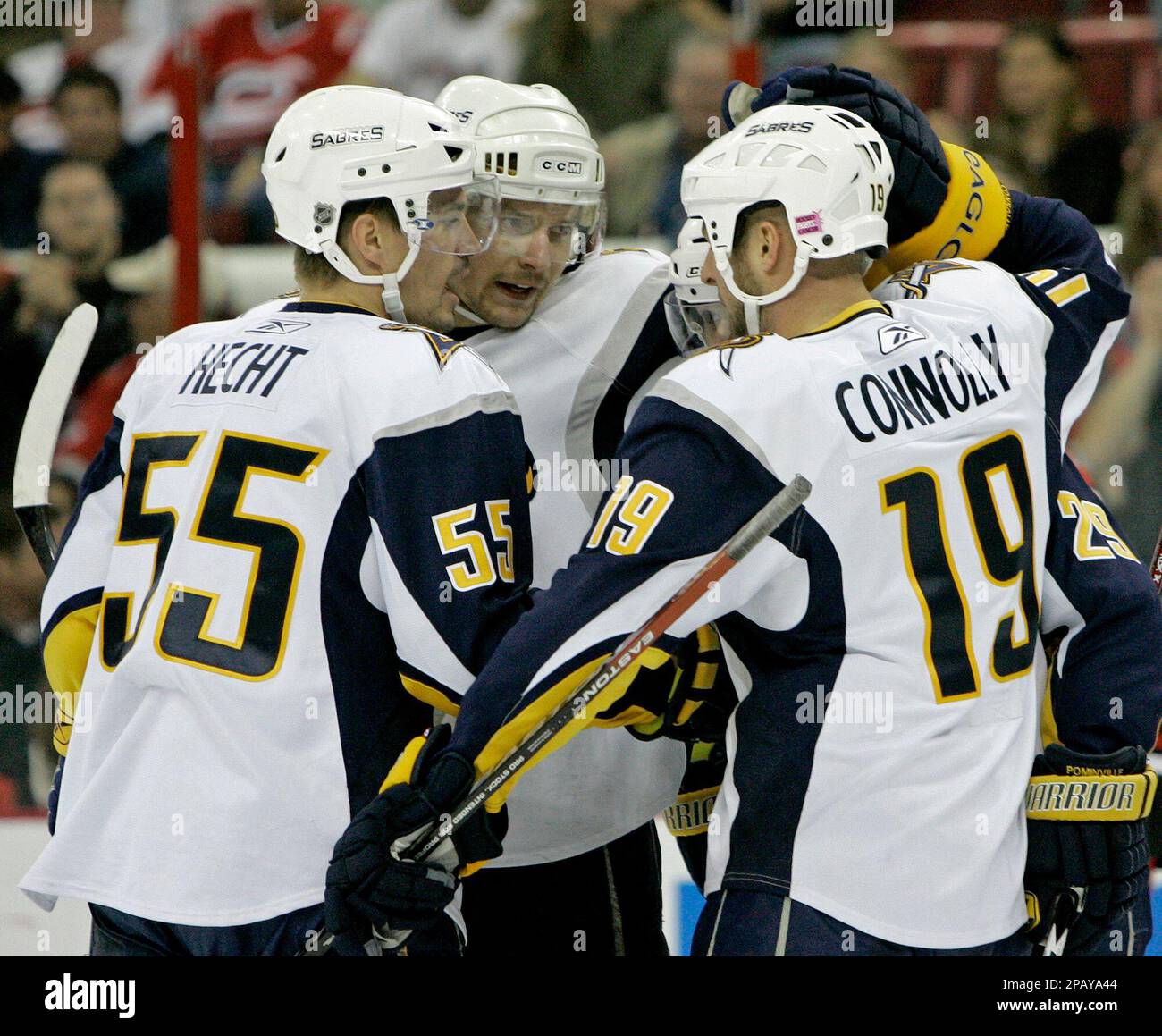 Buffalo Sabres' Jochen Hecht (55), Dmitri Kalinin, facing, of Russia ...