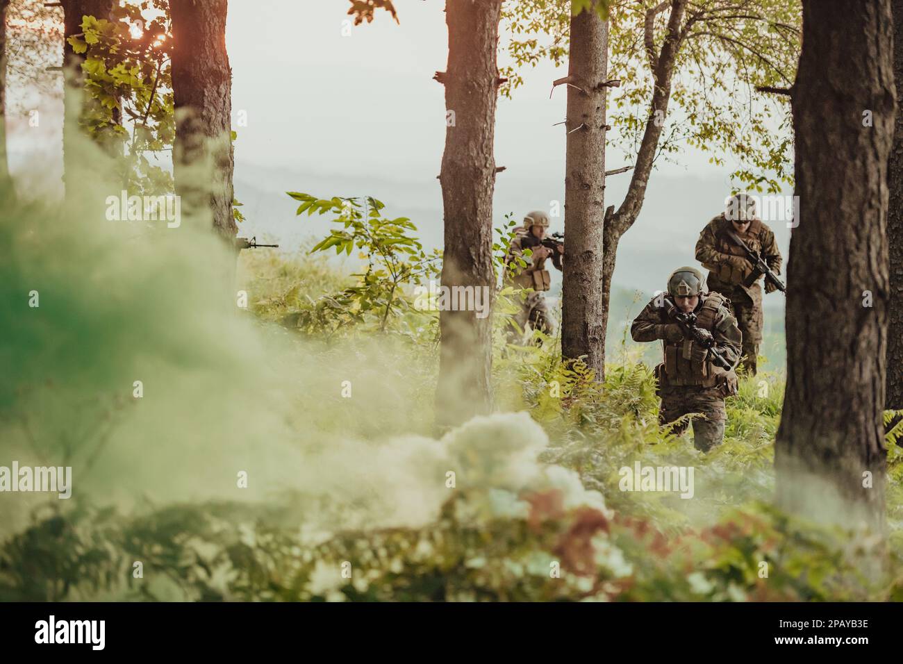 A group of modern warfare soldiers is fighting a war in dangerous ...