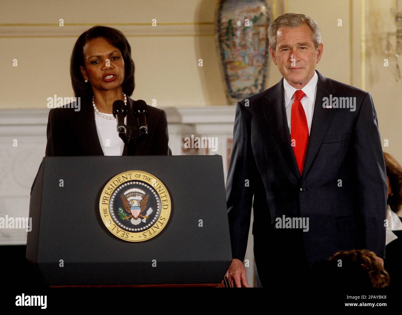 Condoleezza Rice, left, introduces President Bush prior to the ...