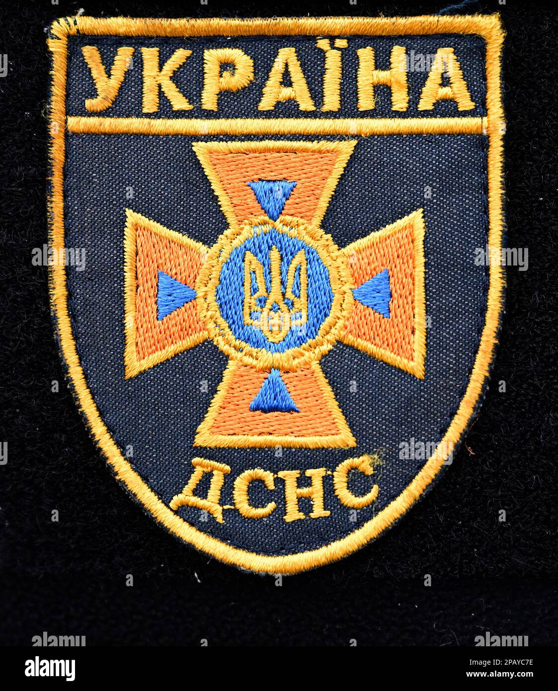 Potsdam, Germany. 10th Mar, 2023. A badge of the Ukrainian State Rescue ...
