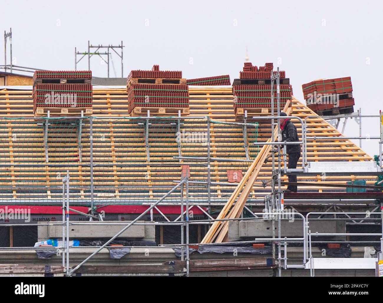 Potsdam, Germany. 10th Mar, 2023. A worker lifts beams for the wooden ...