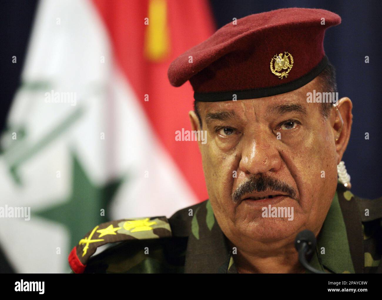 Iraq's Lt. Gen. Abboud Qanbar speaks to reporters in the heavily ...