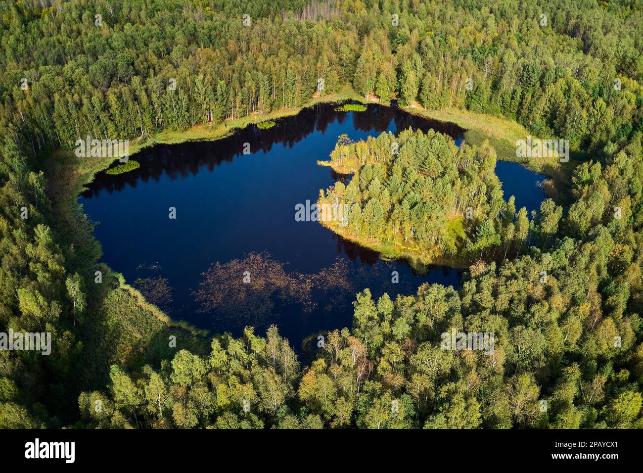 Aerial view of a picturesque landscape with a peat lake and a small ...