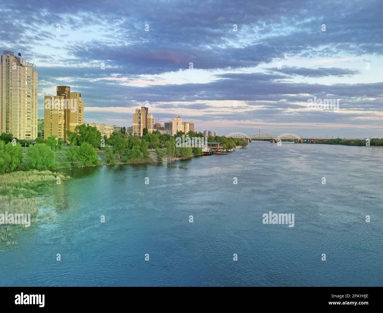 Kiev city bridge over the Dnieper river. Scenic view of the city ...