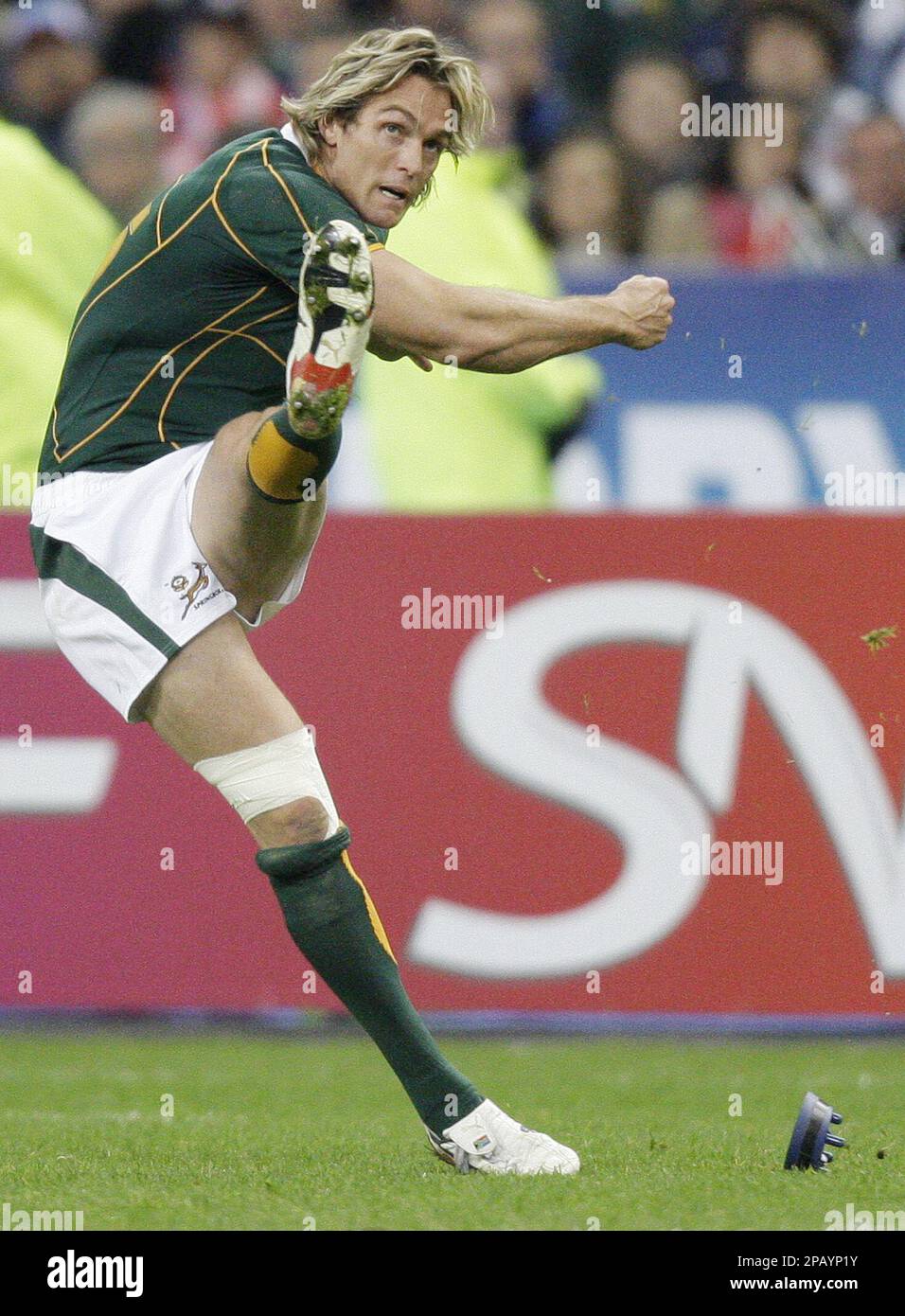 South African fullback Percy Montgomery takes a kick at goal during the ...