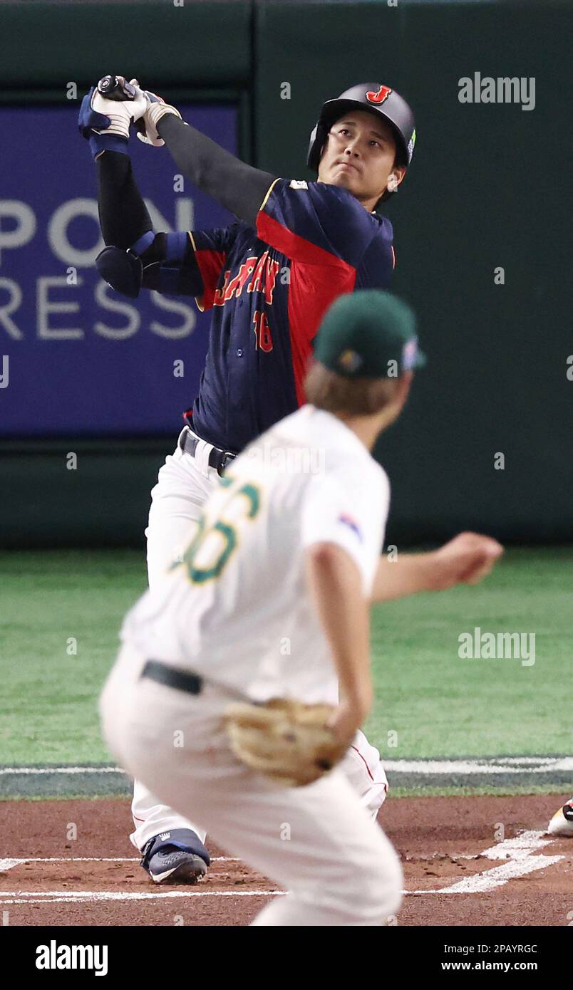Japan's slugger Shohei Ohtani opens a three-run homer during the first ...