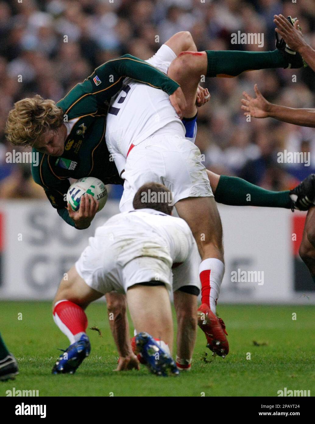 South Africa's Francois Steyn, left, goes airborne during the Rugby ...