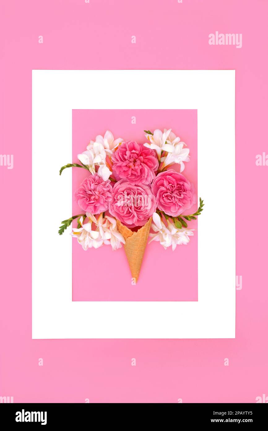 Surreal rose and freesia flower ice cream cone Composition. Creative ...