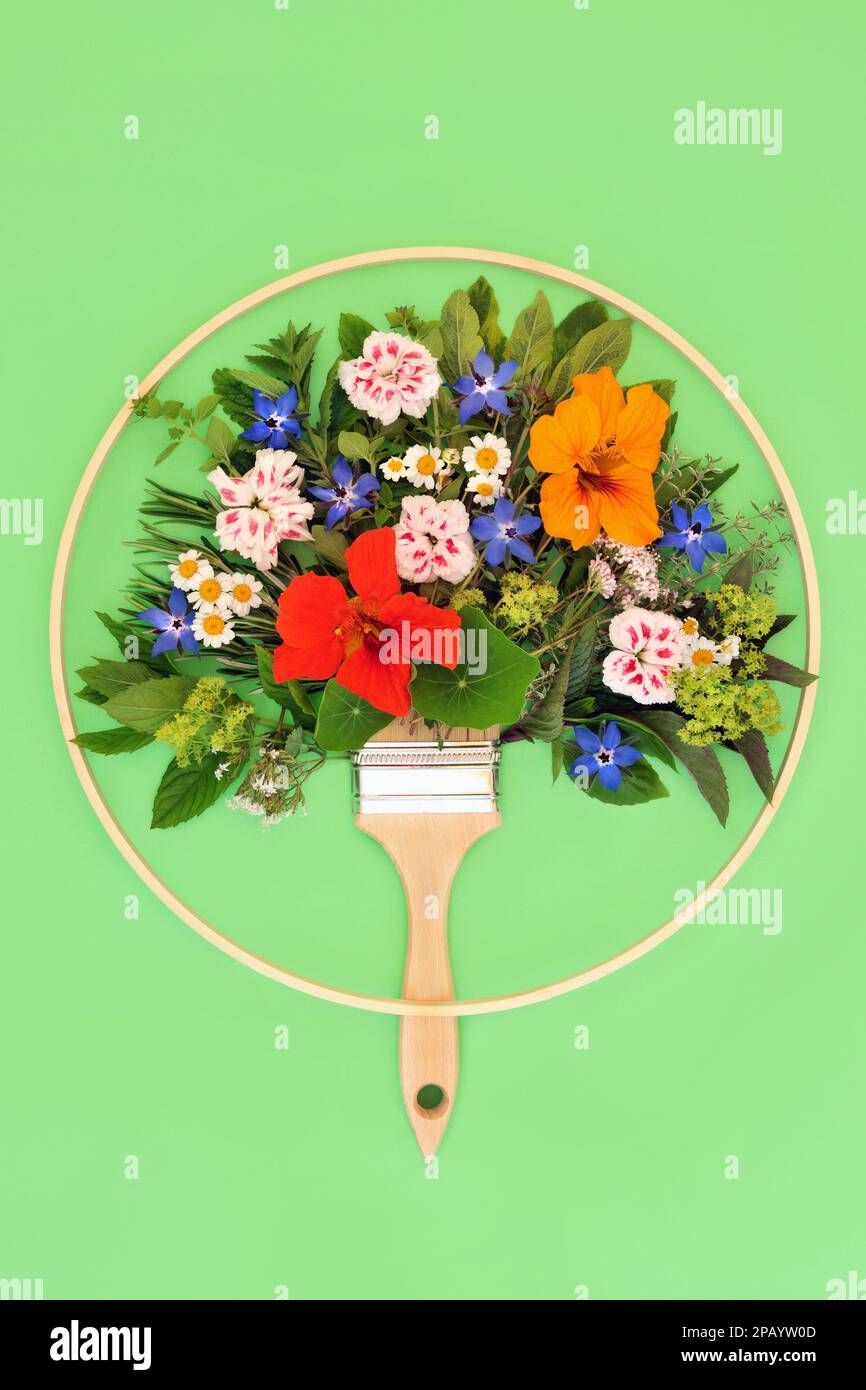 Abstract flower herb leaf tree shape concept with paintbrush. Minimal ...