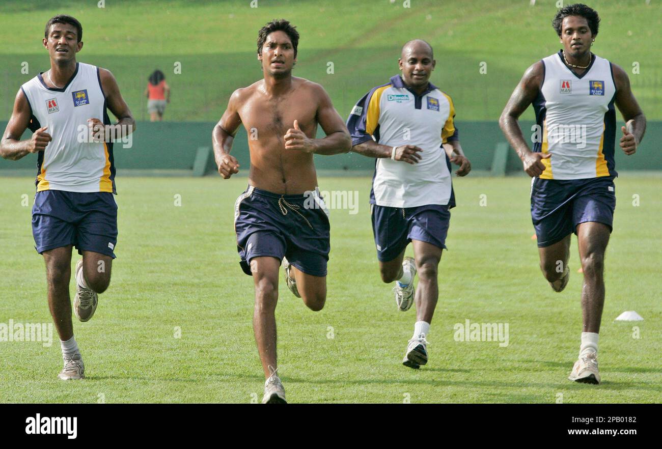 Sri Lanka's cricketers from left, Jehan Mubarak, Kumar Sangakkara ...