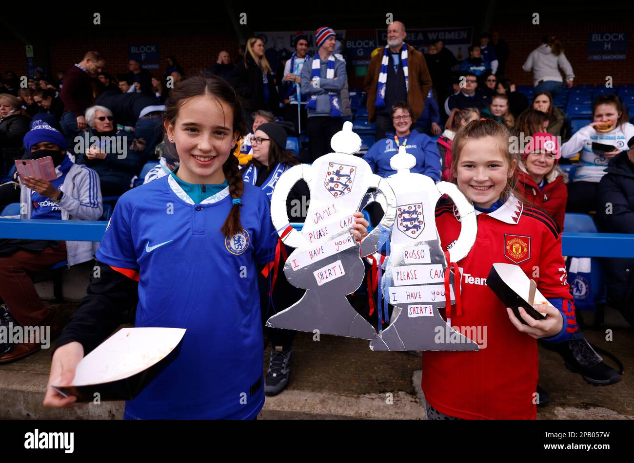 Young Chelsea and Manchester United fans in the stands prior to the ...