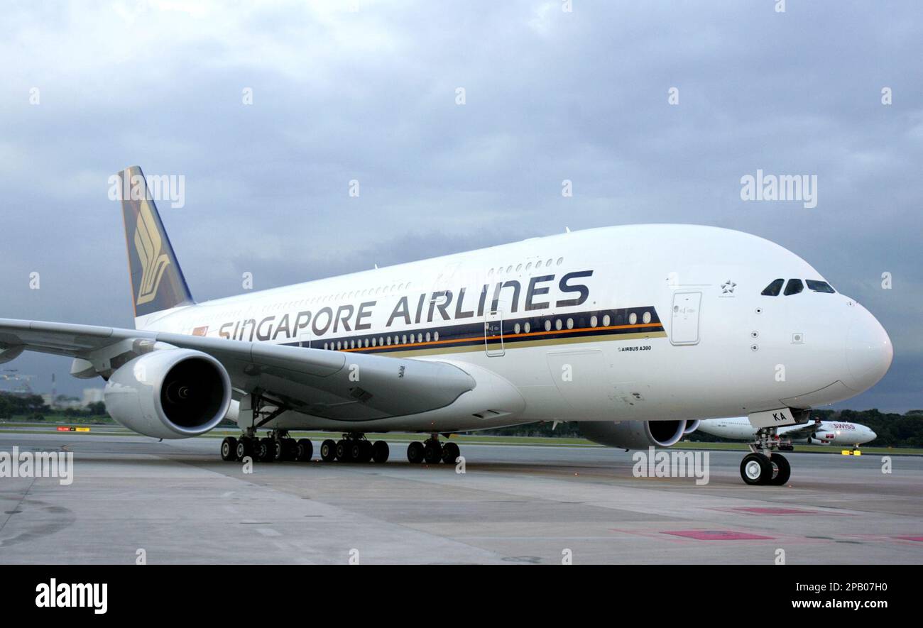 The Airbus A380 taxis at the Singapore Changi Airport after its landing ...