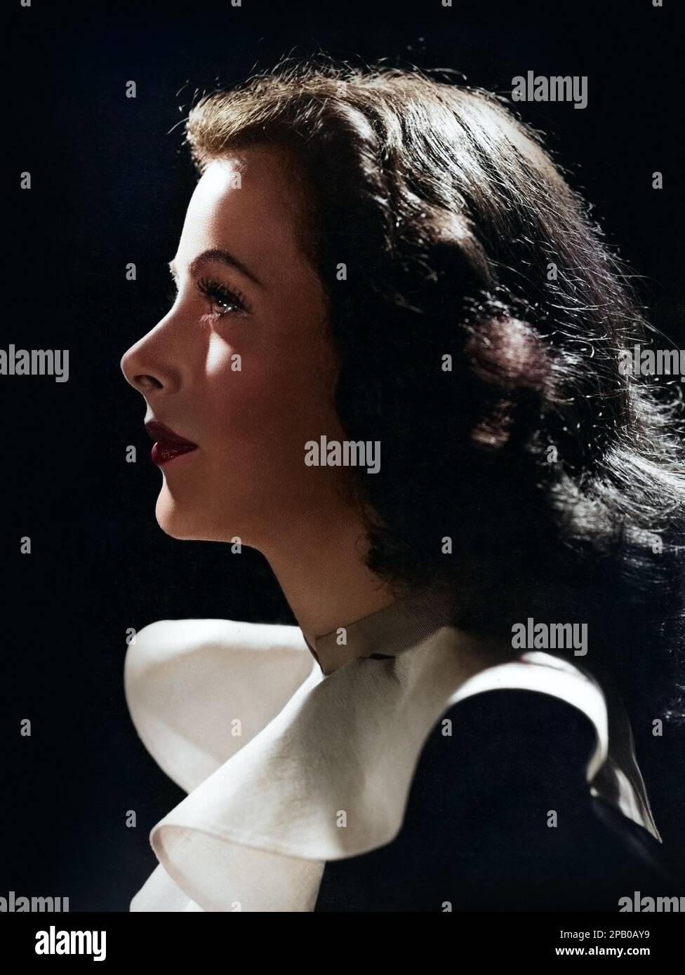Profile of american actress and inventor Hedy Lamarr. "The Heavenly Body" (MGM, 1943) colorized ...