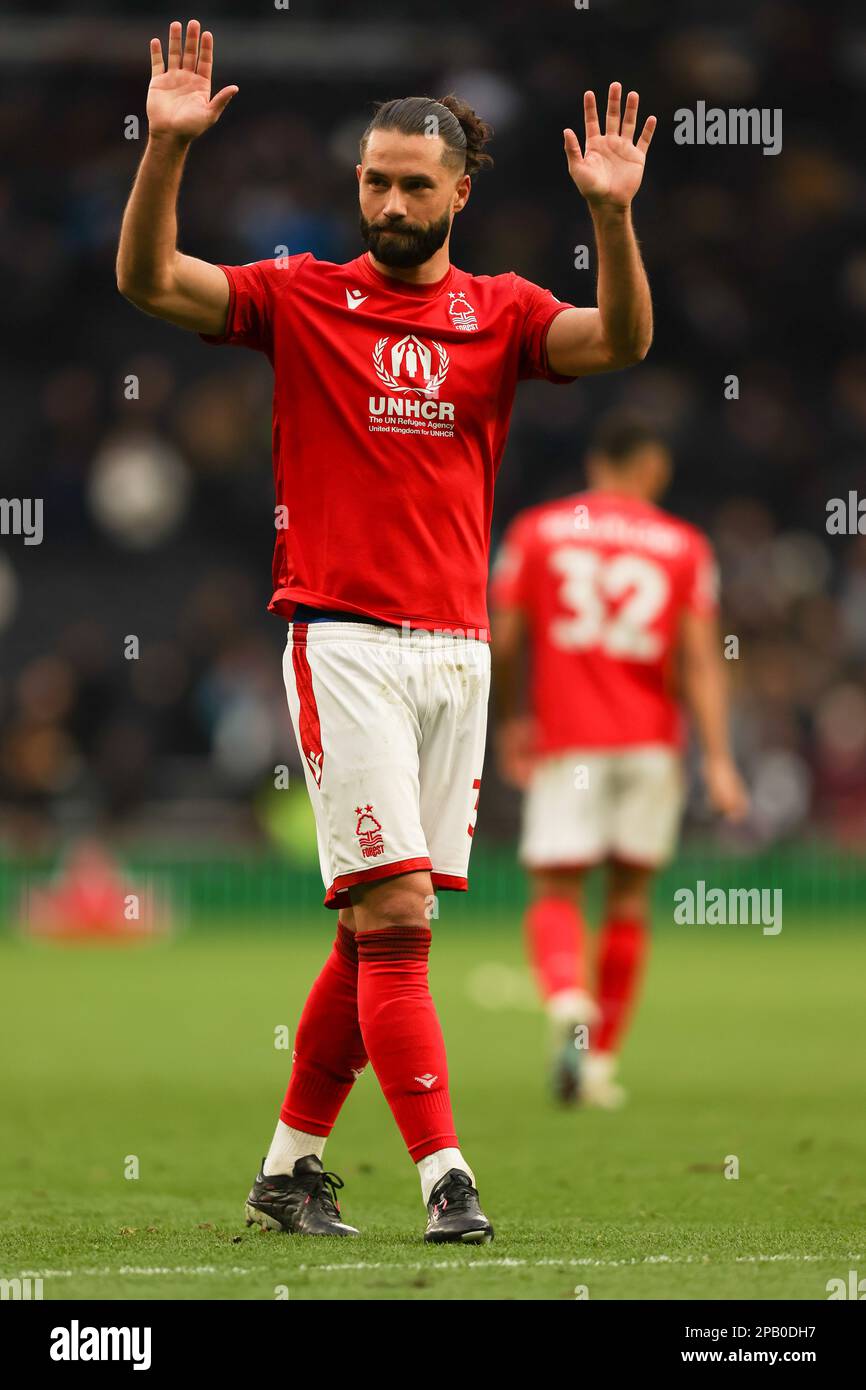 London, UK. 12th Mar, 2023. Felipe of Nottingham Forest salutes the ...