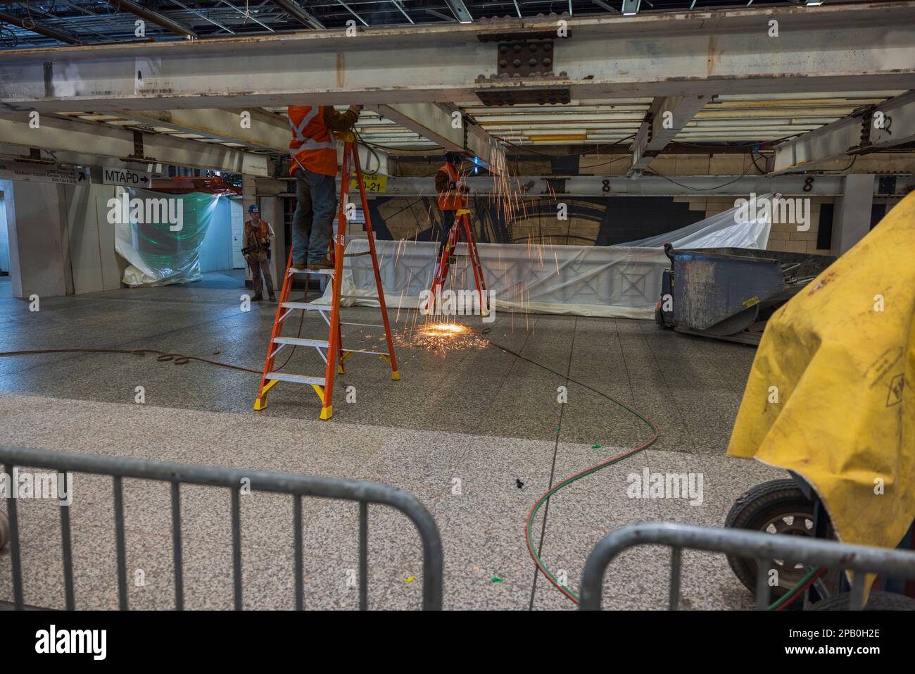 View of construction welding work in New York subway. USA. NY Stock ...
