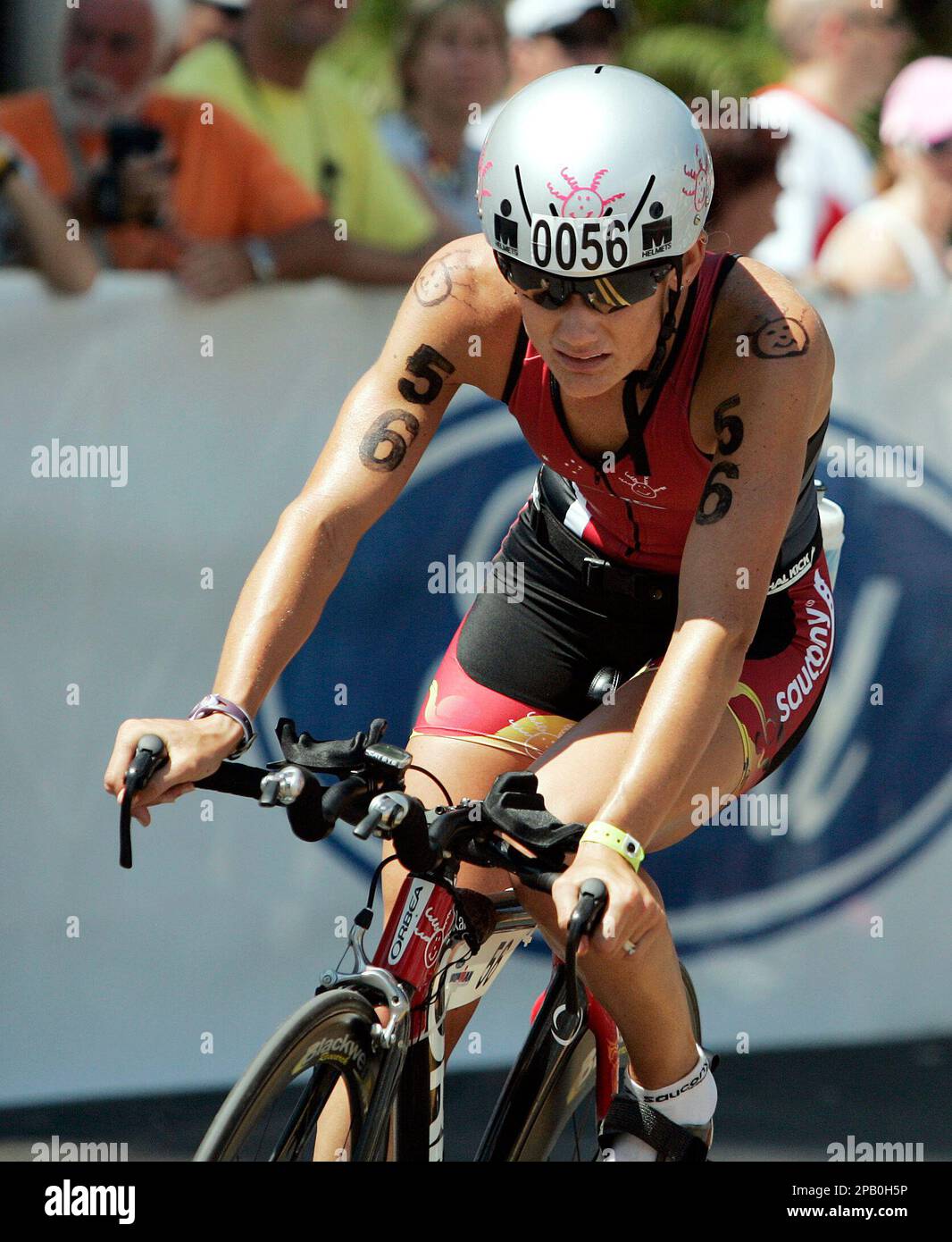 Kate Major finishes her bike ride during the Ironman Triathlon World ...