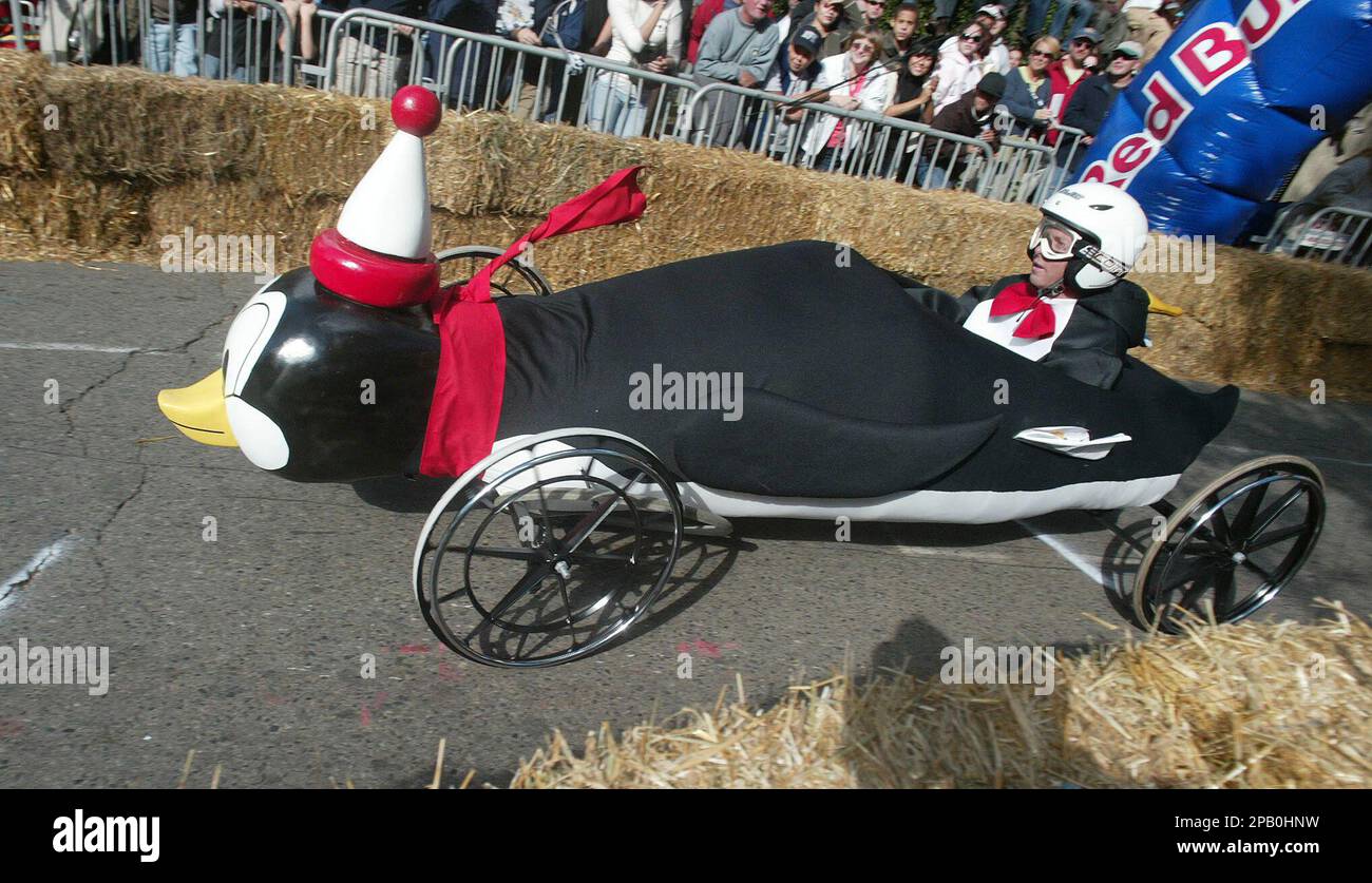 Curt Hoeft, from St. Louis, drives his soapbox racer Chilly Willy Wagon ...
