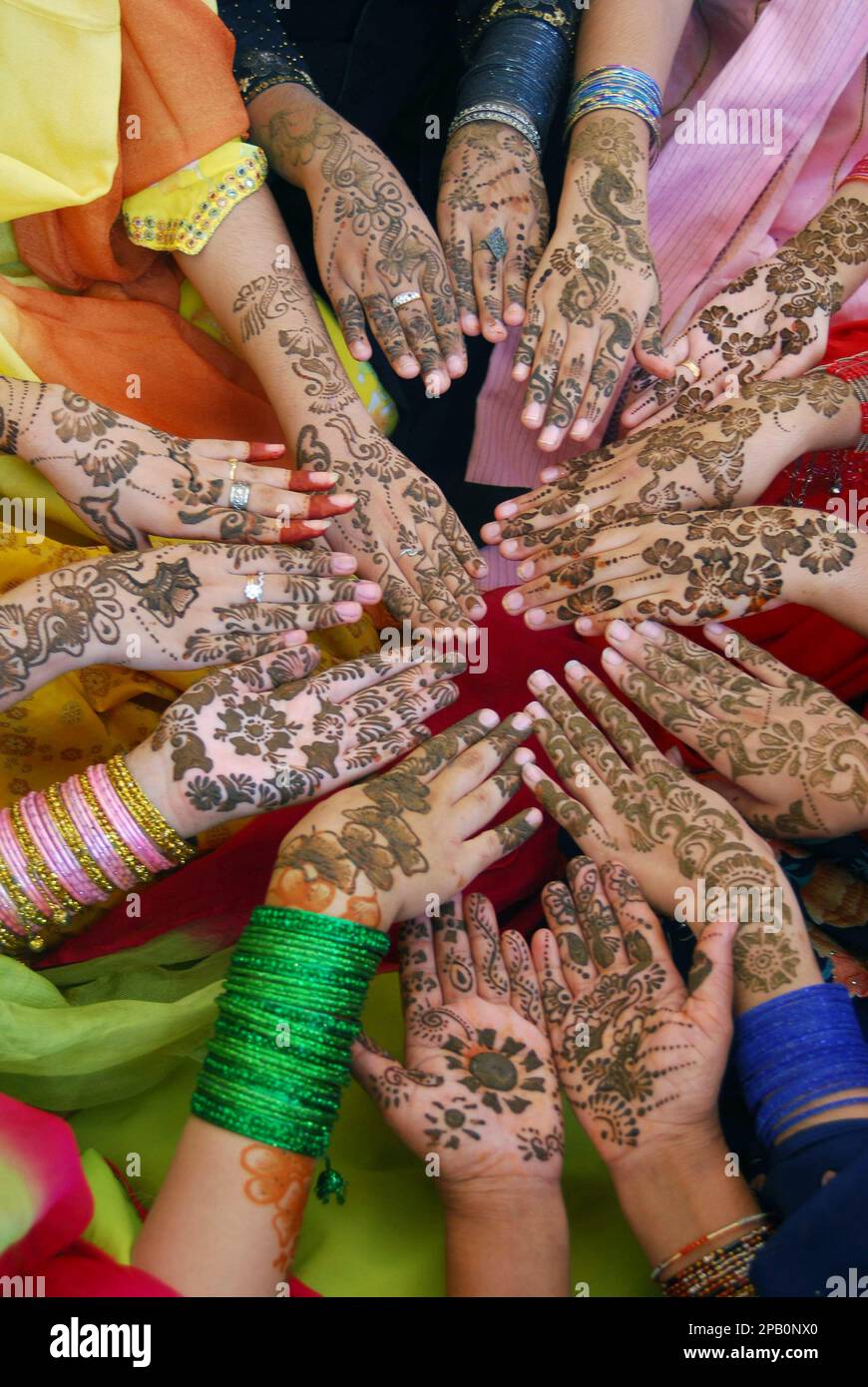 Pakistani girls show their hands painted with henna to celebrate the ...