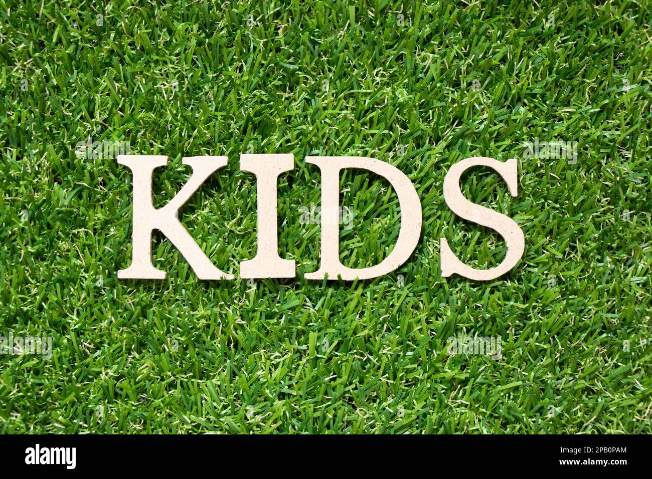 Wood alphabet letter in word kids on artificial green grass background ...