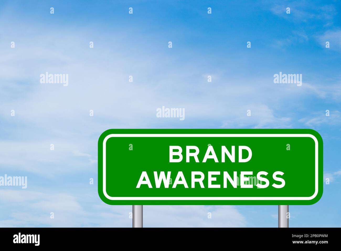Green color transportation sign with word brand awareness on blue sky ...