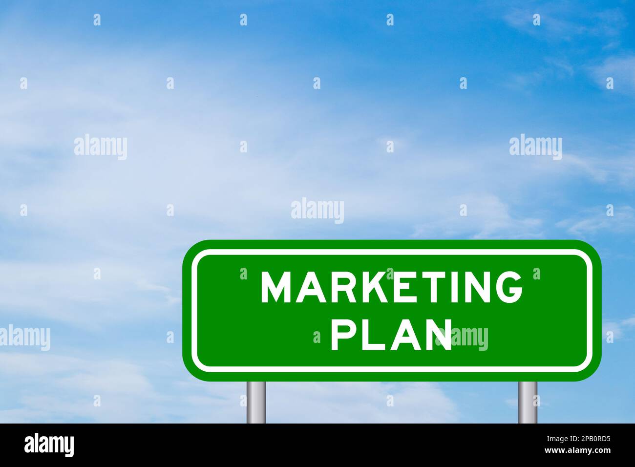 Green color transportation sign with word marketing plan on blue sky ...