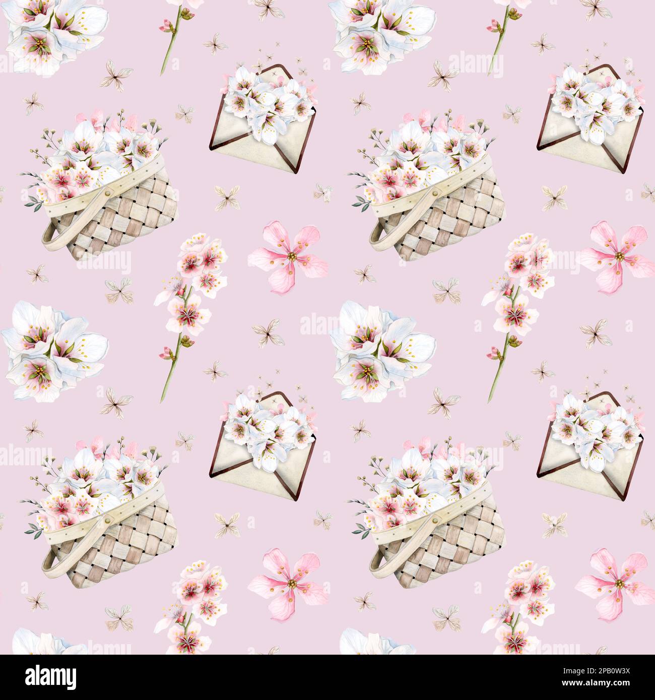 Almond flowers in baskets and envelopes seamless pattern, watercolor ...