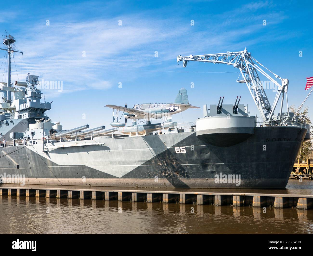 Battleship USS North Carolina docked at Wilmington, NC. Bright sunshine ...